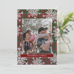 Rustic family photo Merry Christmas together plaid Holiday Card | Zazzle
