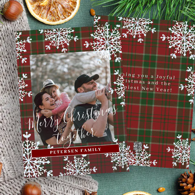 Rustic family photo Merry Christmas together plaid Holiday Card | Zazzle