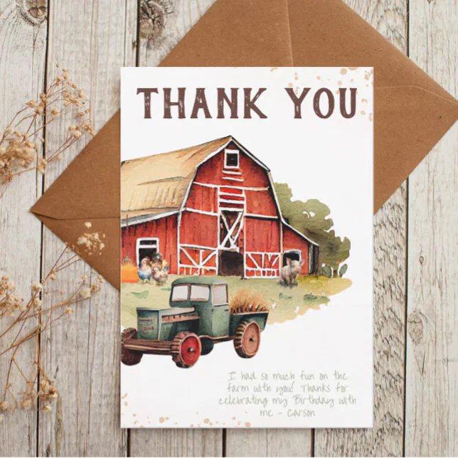 Rustic Farm Animal Tractor Boys Birthday Thank You Card | Zazzle