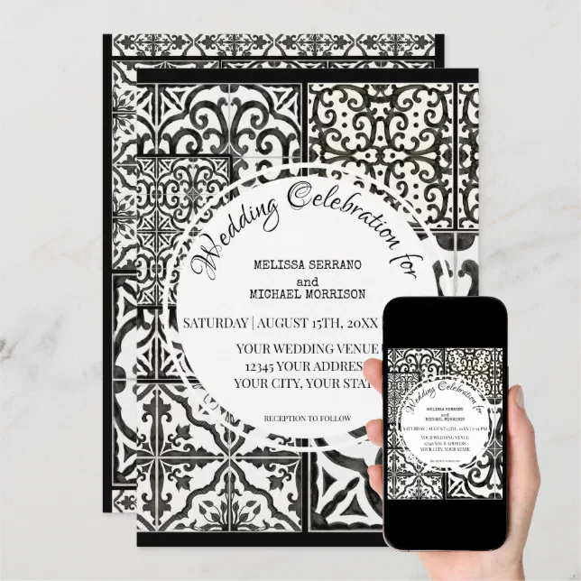 Rustic Farm Barn Modern Tile Black White Wedding Invitation | Zazzle