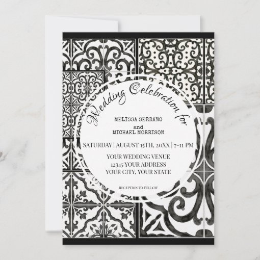 Rustic Farm Barn Modern Tile Black White Wedding Invitation | Zazzle
