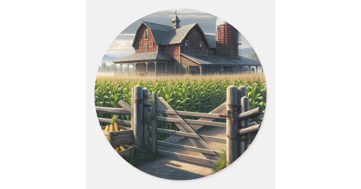Rustic Farm House with a Cornfield Ai Art Classic Round Sticker | Zazzle