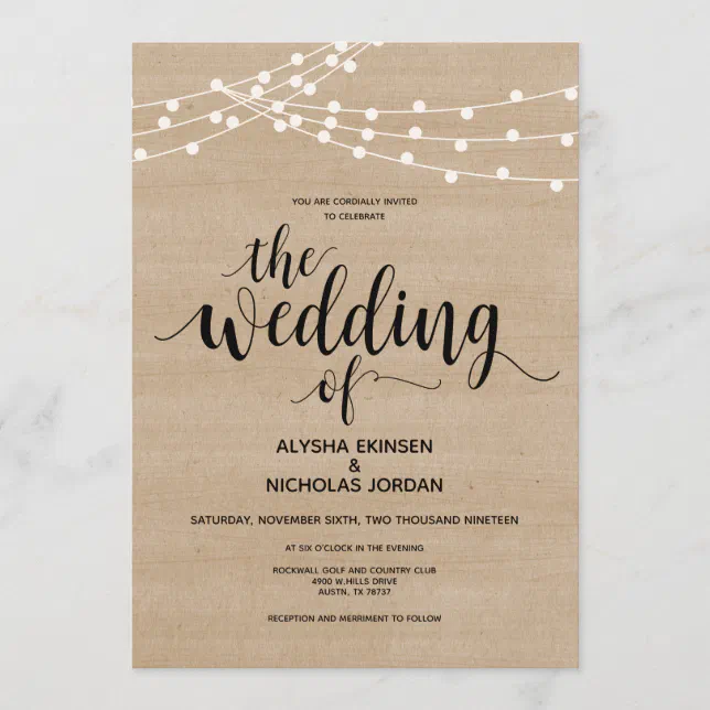 Rustic farm string lights Wedding Invitation Card | Zazzle