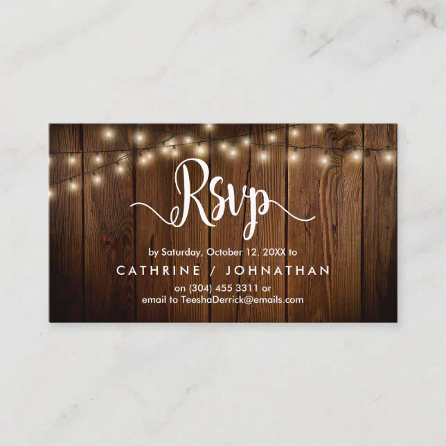 Rustic Farm Wood, String Lights, RSVP respond Enclosure Card | Zazzle