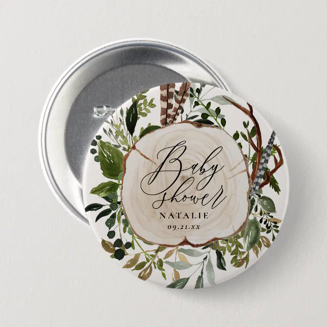 Rustic farmhouse barn botanical baby shower button | Zazzle