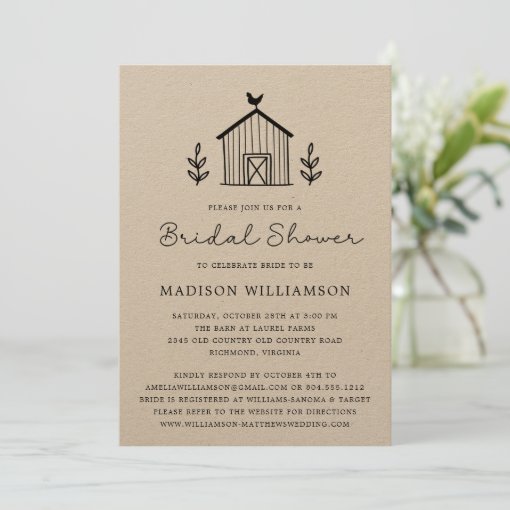 Rustic Farmhouse Barn Script QR code Bridal Shower Invitation | Zazzle