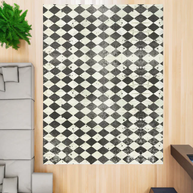 Rustic Farmhouse Black n White Harlequin Wooden Rug | Zazzle