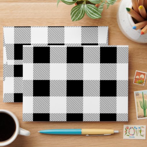 rustic farmhouse black white buffalo plaid party envelope | Zazzle