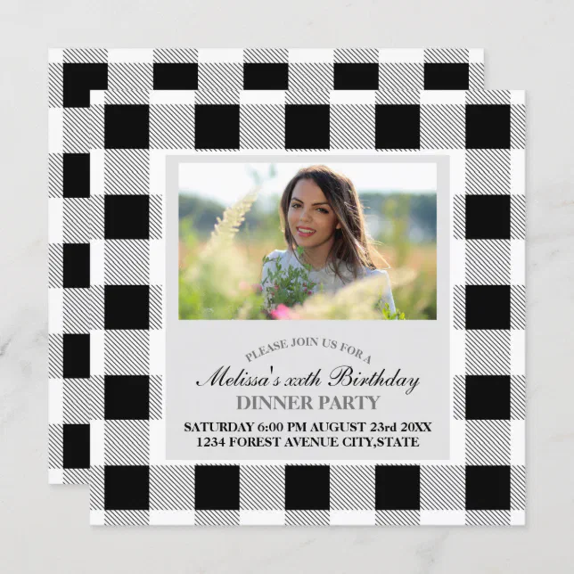rustic farmhouse black white buffalo plaid party invitation | Zazzle