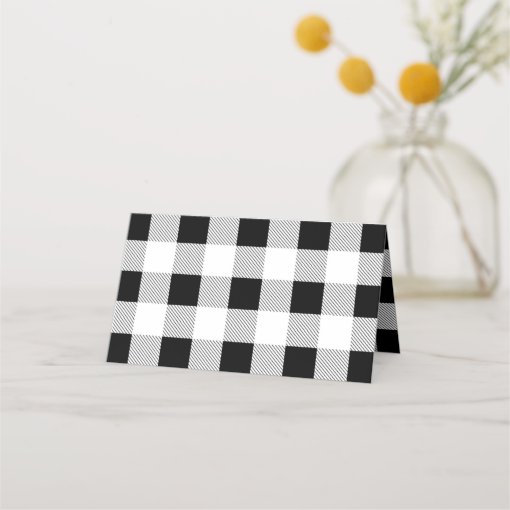 rustic farmhouse black white buffalo plaid party place card | Zazzle