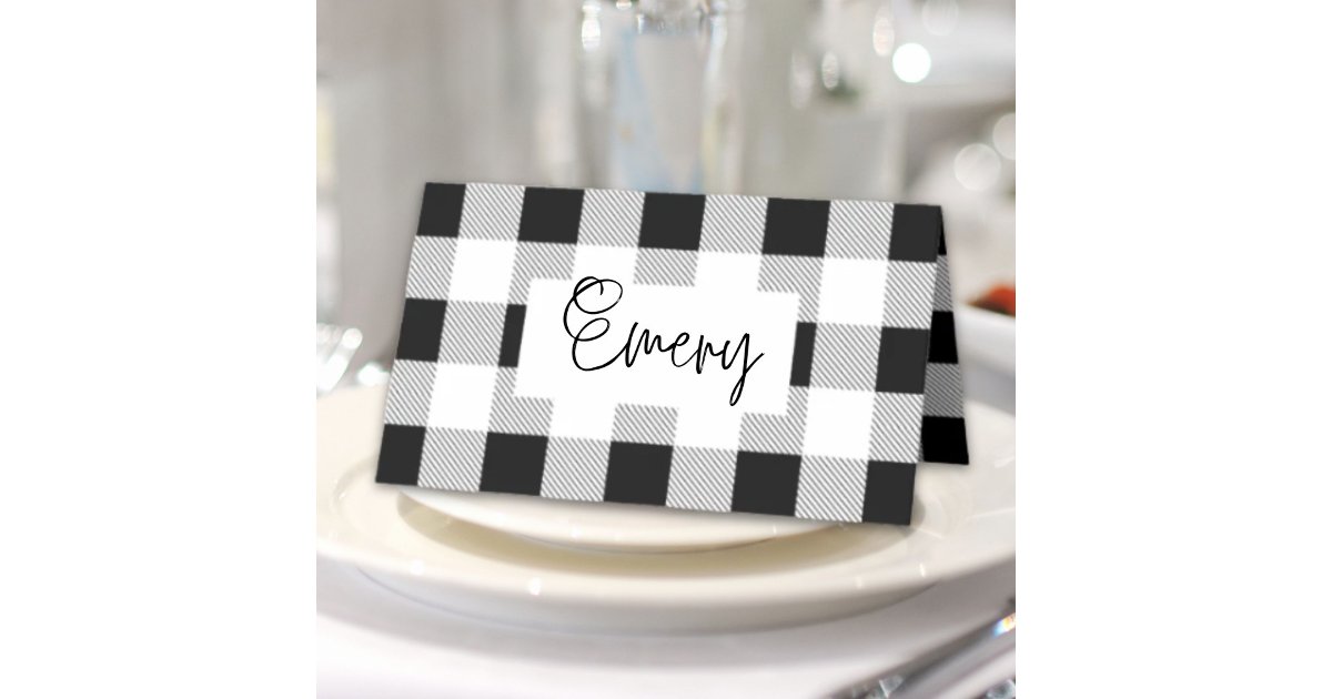 rustic farmhouse black white buffalo plaid party place card | Zazzle