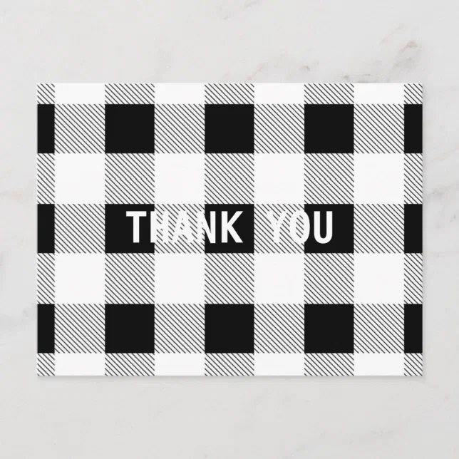 rustic farmhouse black white buffalo plaid party postcard | Zazzle