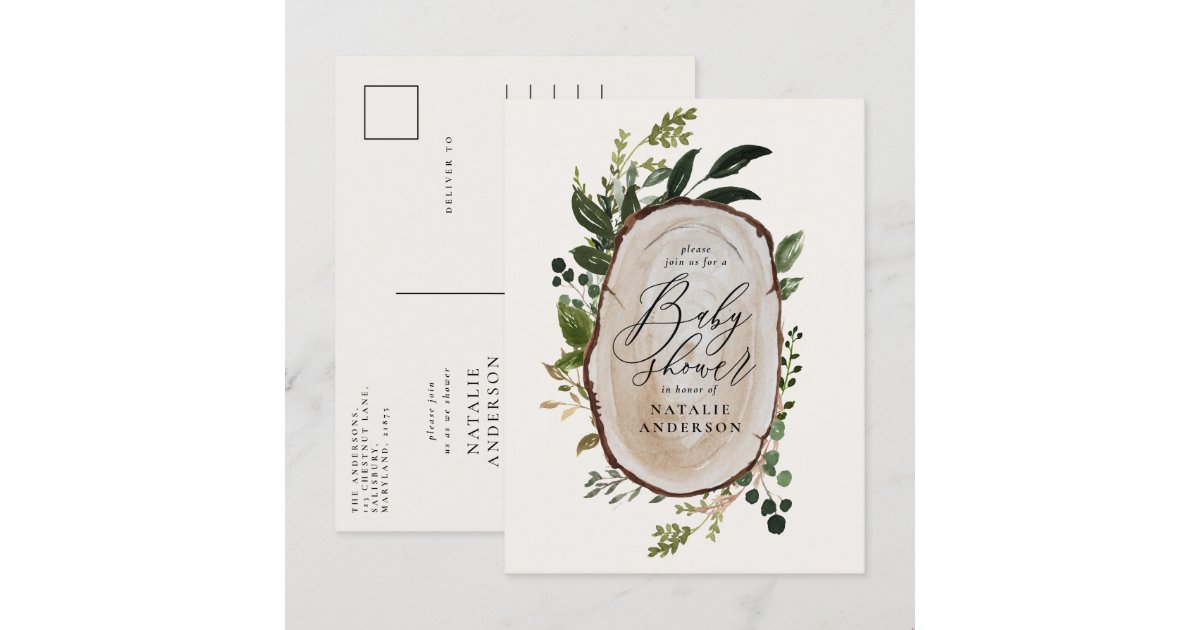 Rustic farmhouse botanical script baby shower announcement postcard ...