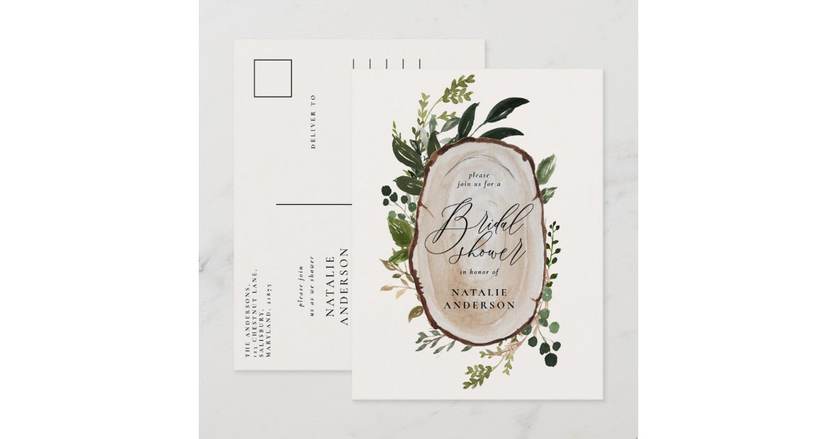 Rustic farmhouse botanical script bridal shower announcement postcard ...