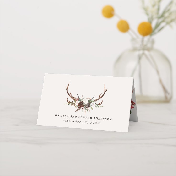Rustic farmhouse botanical stag chic wedding table place card | Zazzle