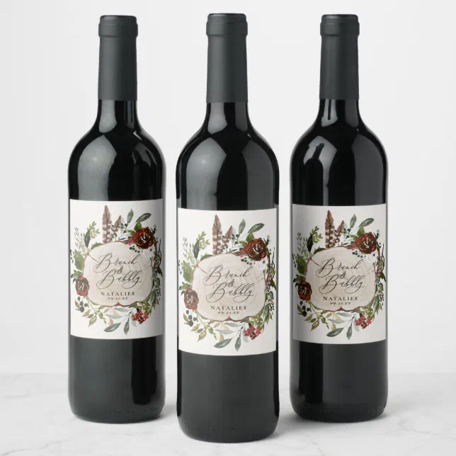 Rustic farmhouse burgundy botanical bridal shower wine label | Zazzle