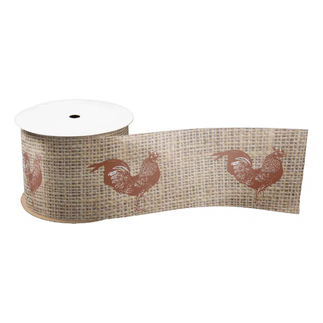 Rustic Farmhouse Burlap Chicken Pattern Satin Ribbon | Zazzle