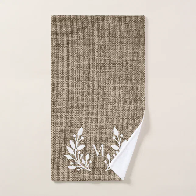 Rustic Farmhouse Burlap Laurel Monogram Hand Towel | Zazzle