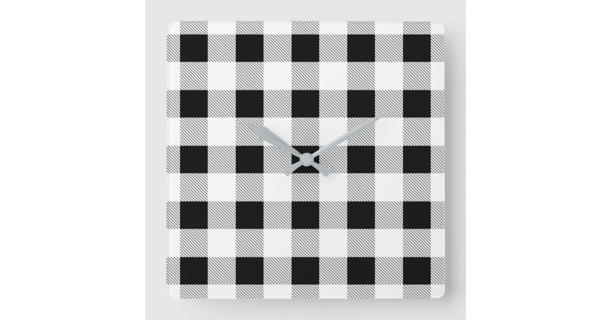 rustic farmhouse chic black and white plaid square wall clock | Zazzle