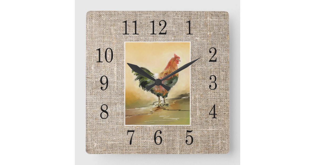 Rustic Farmhouse Country Rooster Burlap Square Wall Clock | Zazzle