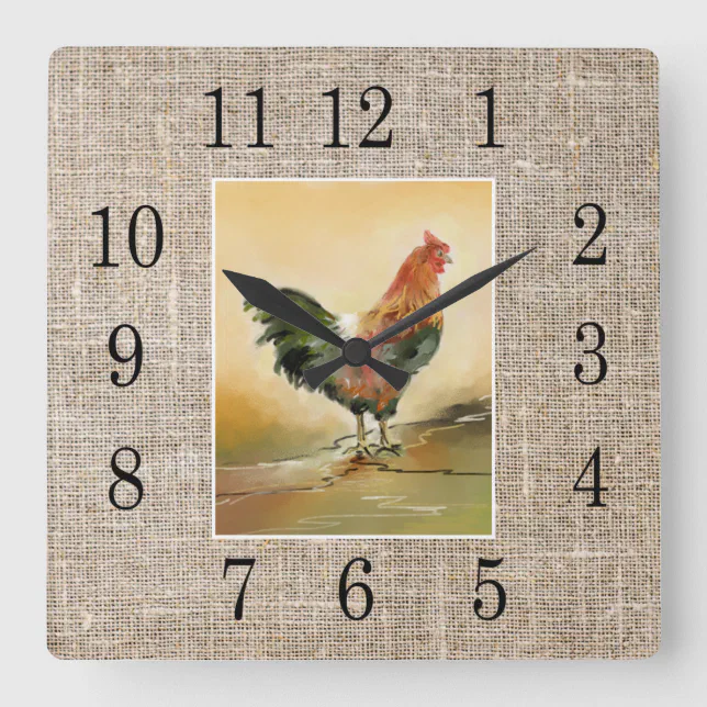 Rustic Farmhouse Country Rooster Burlap Square Wall Clock | Zazzle