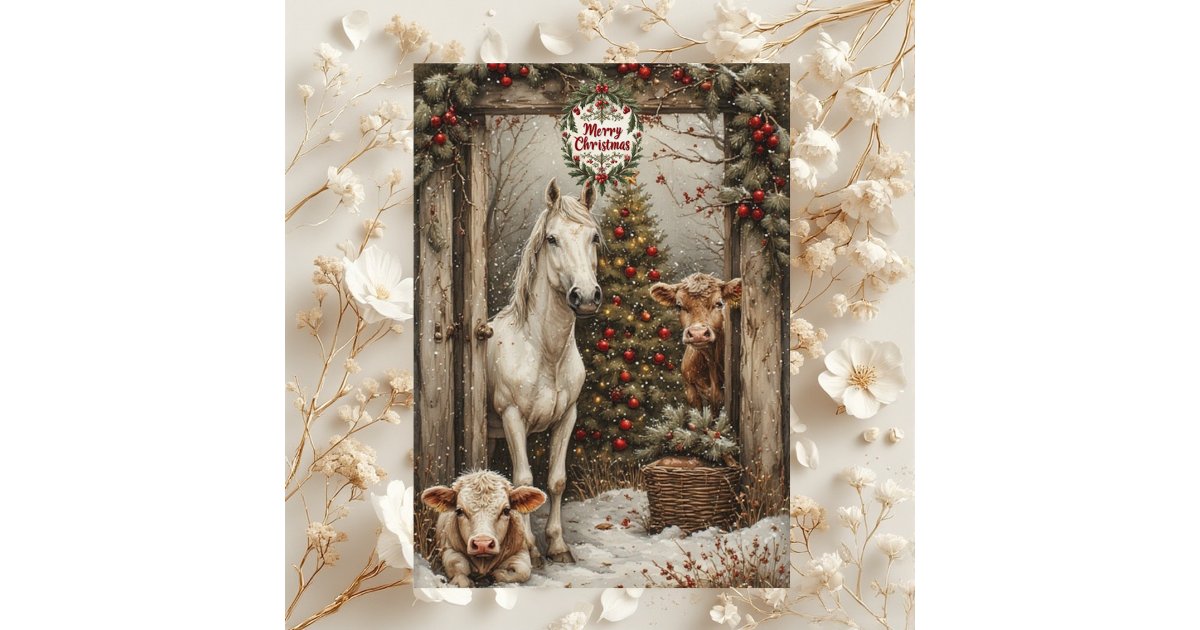 Rustic Farmhouse Cow Horse Country Christmas Card | Zazzle