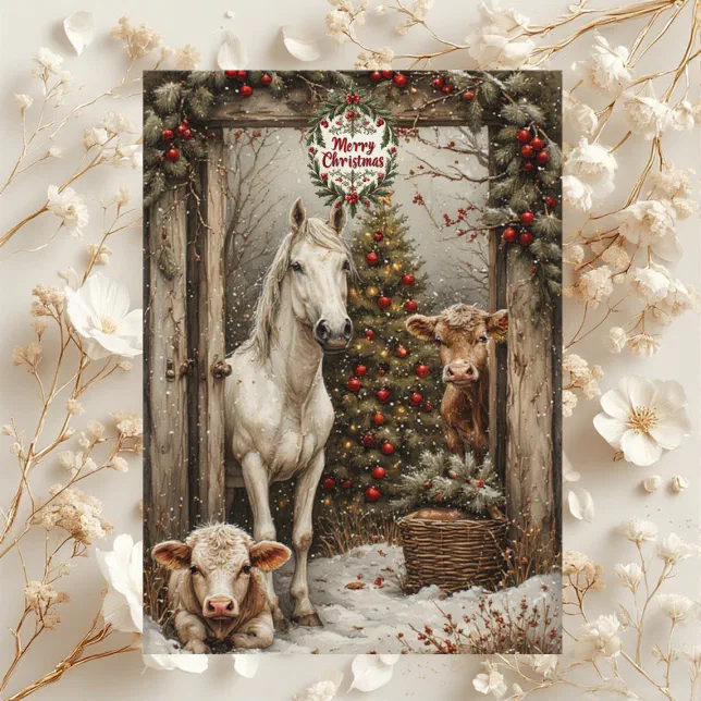 Rustic Farmhouse Cow Horse Country Christmas Card | Zazzle