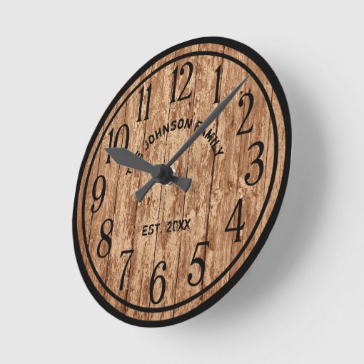 Rustic Farmhouse Dark Wood Family Name Round Clock | Zazzle