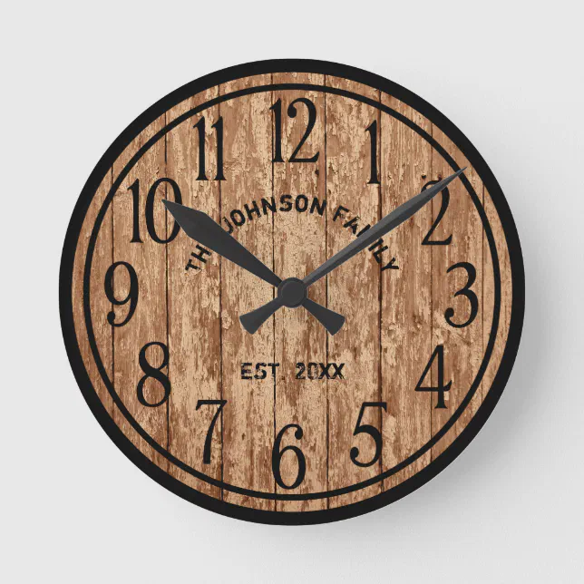 Rustic Farmhouse Dark Wood Family Name Round Clock | Zazzle