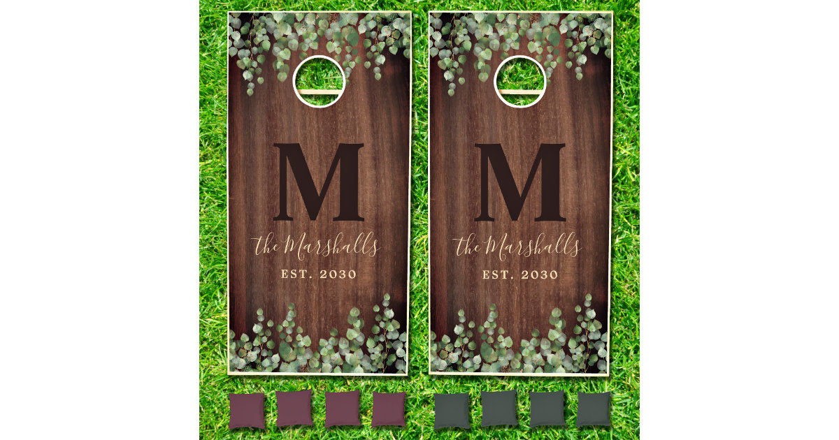 Rustic Farmhouse Eucalyptus Greenery Monogram Name Cornhole Set | Zazzle