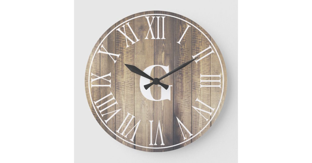 Rustic Farmhouse Faux Barn Wood & White Monogram Large Clock | Zazzle