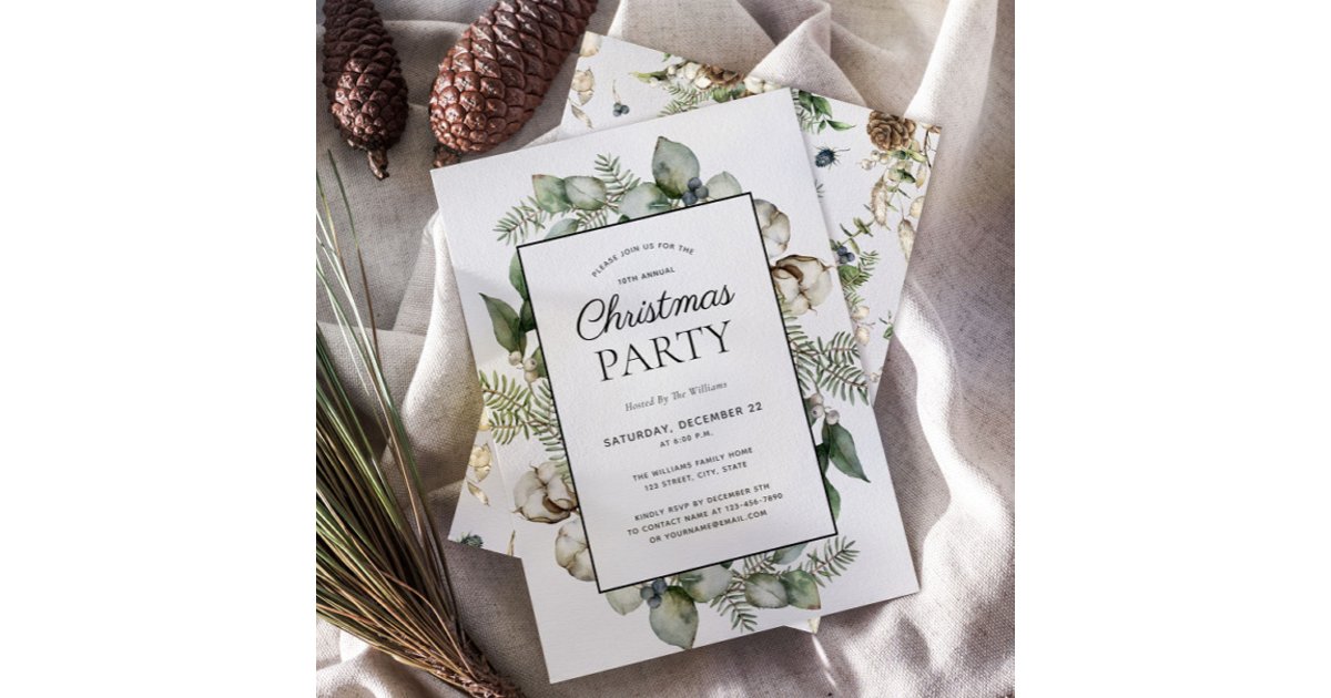 Rustic Farmhouse Greenery Christmas Party Invitation | Zazzle
