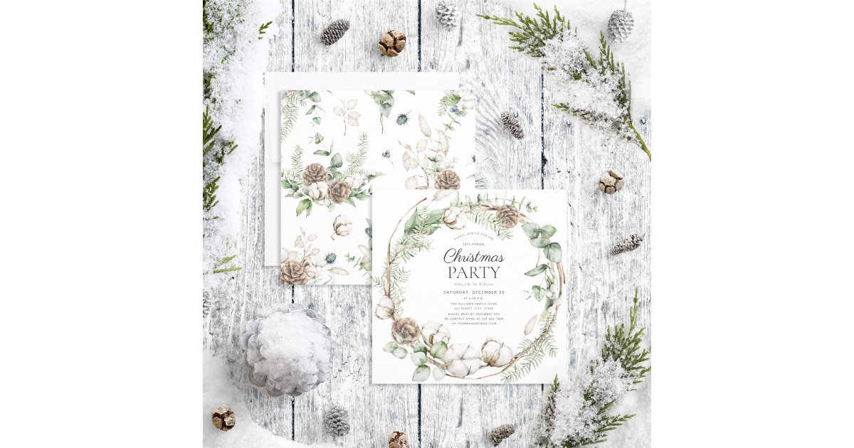 Rustic Farmhouse Greenery Wreath Christmas Party Invitation | Zazzle