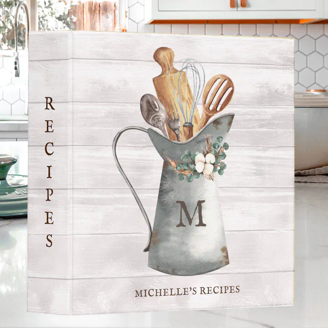 Rustic Farmhouse Monogram Kitchen Recipe 3 Ring Binder | Zazzle