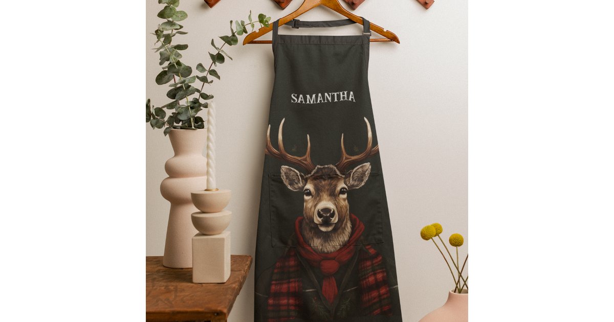 Rustic Farmhouse Plaid Deer And Green Apron | Zazzle