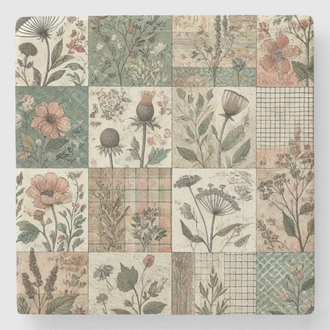 Rustic Farmhouse Sage Green Patchwork Wildflower Stone Coaster | Zazzle