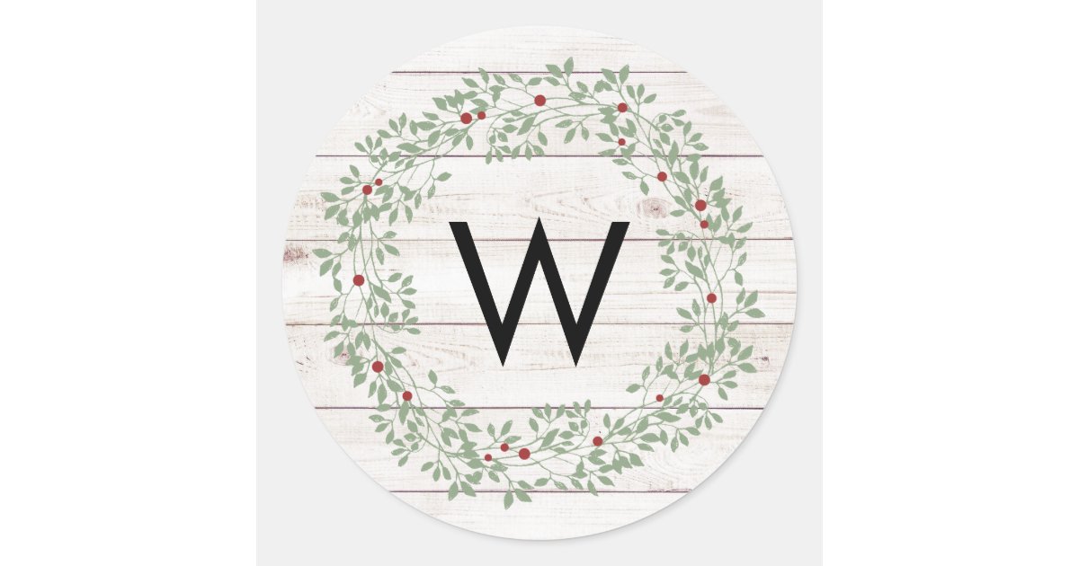 Rustic Farmhouse Shiplap with Wreath | Monogram Classic Round Sticker ...
