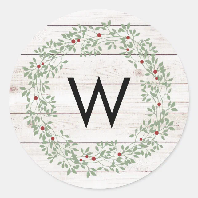 Rustic Farmhouse Shiplap with Wreath | Monogram Classic Round Sticker ...