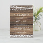 Rustic Farmhouse String Lights Lace Wood Wedding Invitation | Zazzle