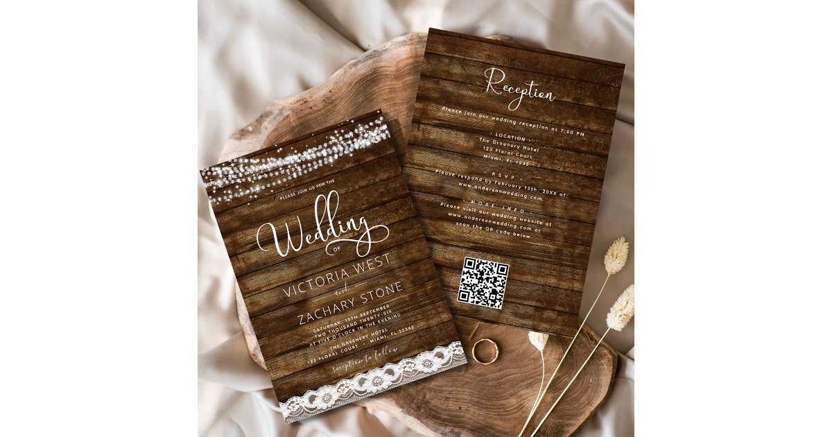 Rustic Farmhouse String Lights QR Code Wedding Invitation | Zazzle