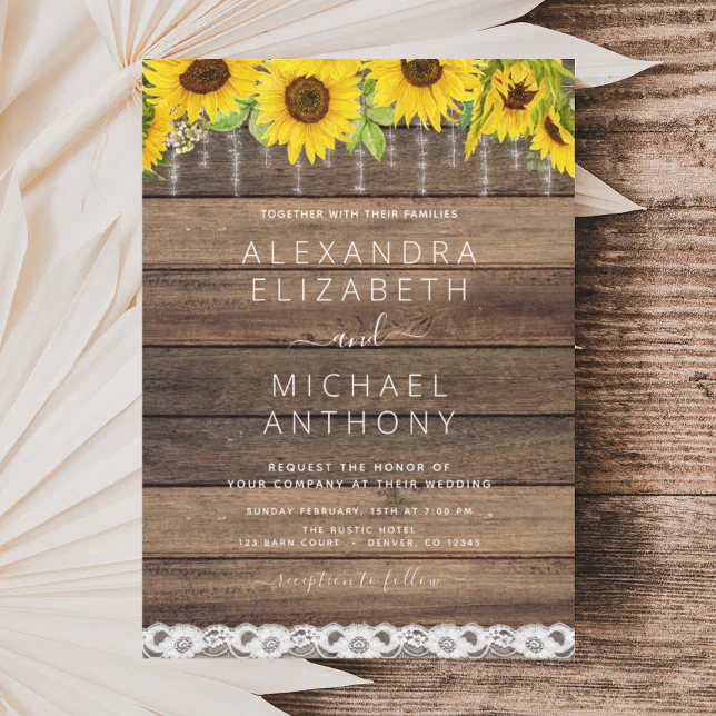 Rustic Farmhouse Sunflower String Lights Wedding Invitation | Zazzle