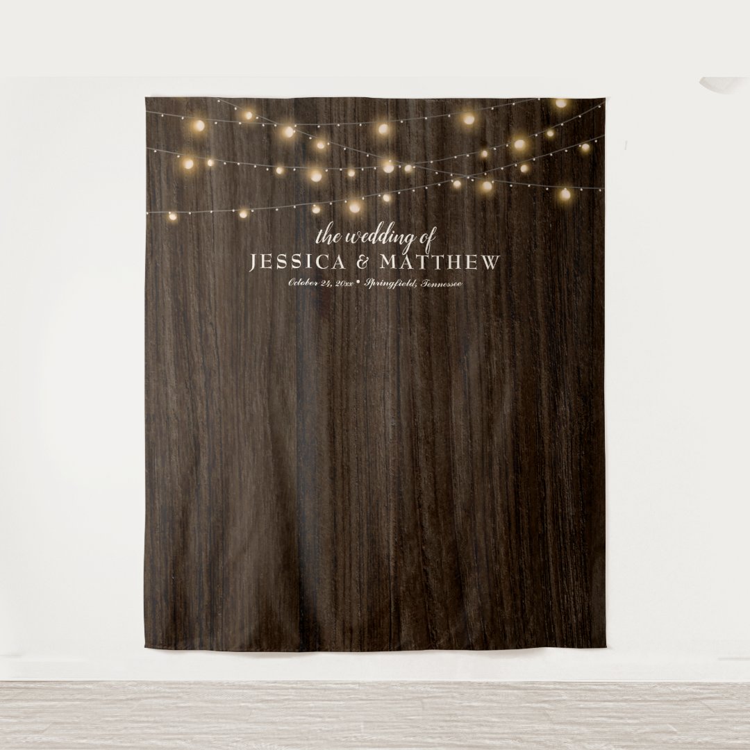 Rustic Farmhouse Twinkling Lights Wedding Backdrop | Zazzle