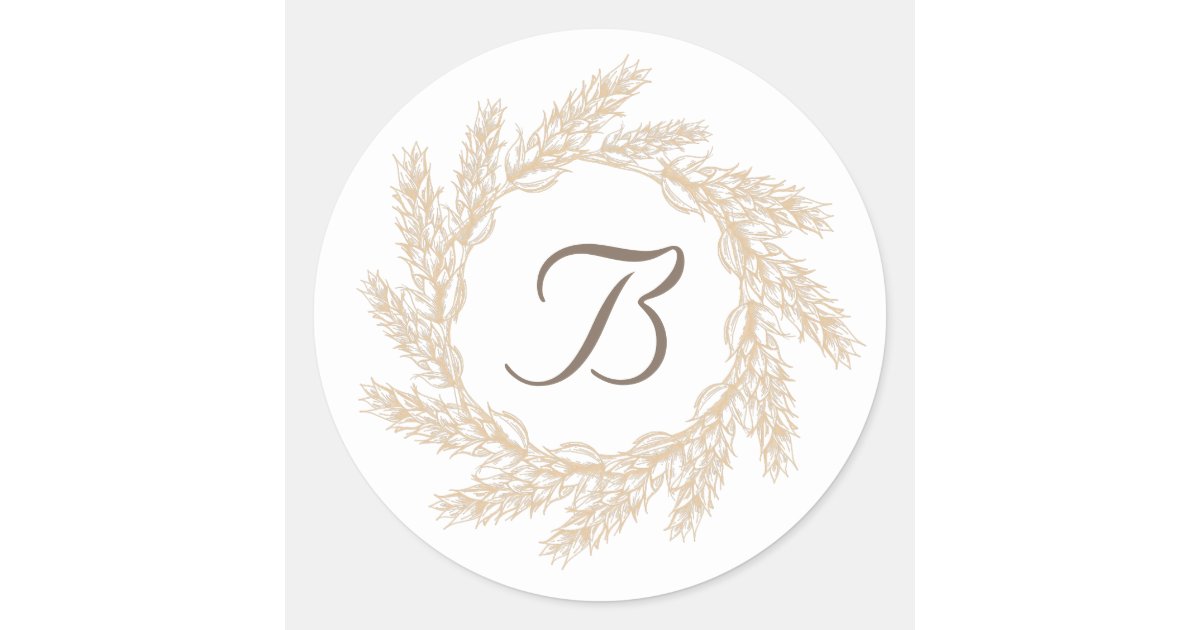 Rustic Farmhouse Wheat Wreath | Monogram Classic Round Sticker | Zazzle