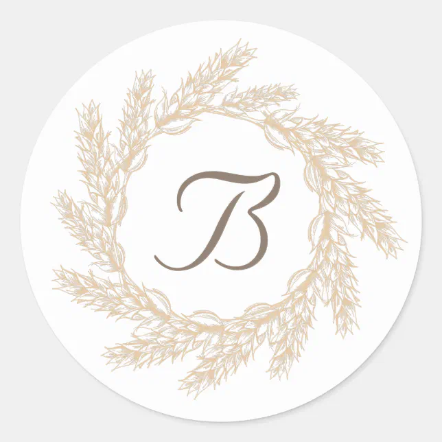 Rustic Farmhouse Wheat Wreath | Monogram Classic Round Sticker | Zazzle