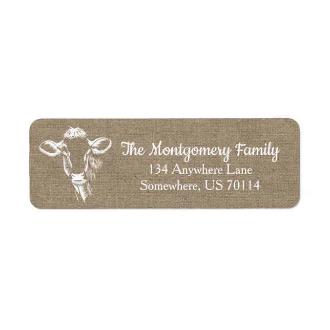 Rustic Farmhouse White Cow Faux Burlap Label | Zazzle