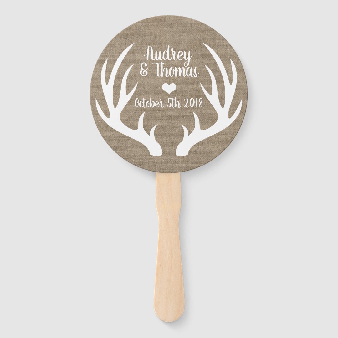 Rustic Faux Burlap & White Deer Antler Wedding Hand Fan | Zazzle
