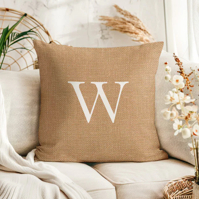 Rustic Faux Jute Burlap Monogrammed Throw Pillow | Zazzle