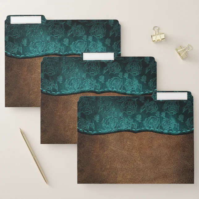 Rustic Faux Leather Brown Teal Rose File Folder | Zazzle