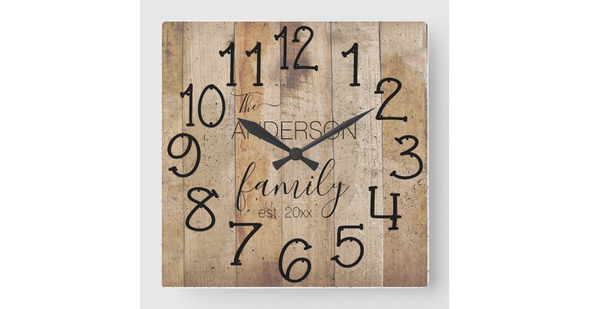 Rustic Faux Wood Barn Farmhouse Custom Family Name Square Wall Clock ...