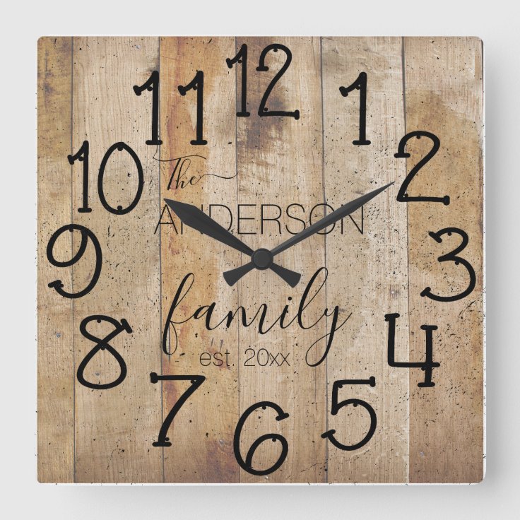 Rustic Faux Wood Barn Farmhouse Custom Family Name Square Wall Clock ...